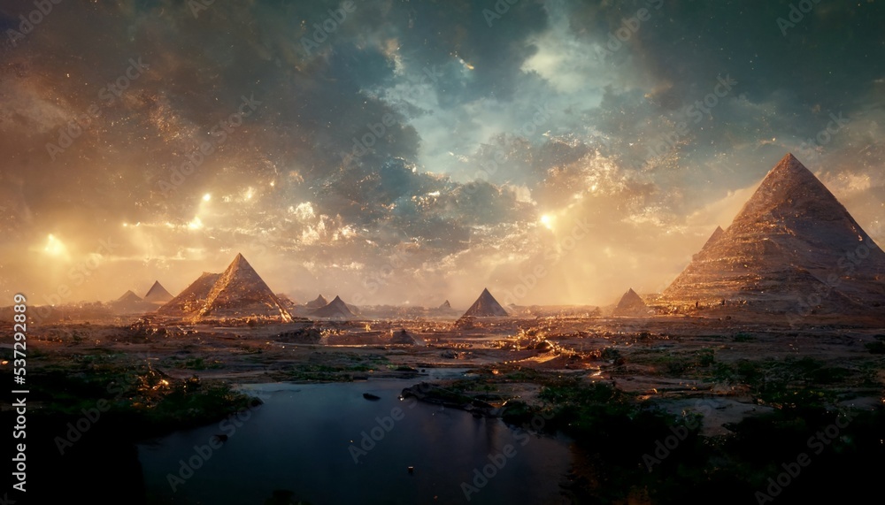 The Great Pyramids and Nile River 3d illustration - The Great Pyramids ...