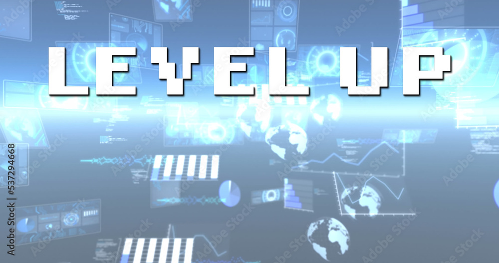 Digitally generated image of level up text over infographic interface ...