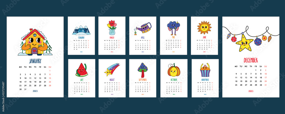 Calendar design 2023 with cute and fancy cartoon characters. Template ...