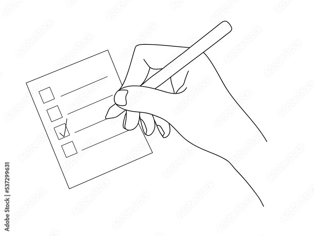 Hand writing something with a pen on a checklist note. Filling out a ...