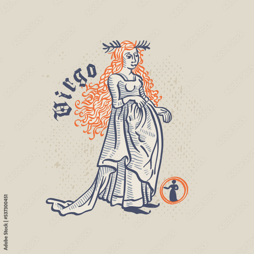 Virgin zodiac sign. Astrology illustration in medieval engraving style ...