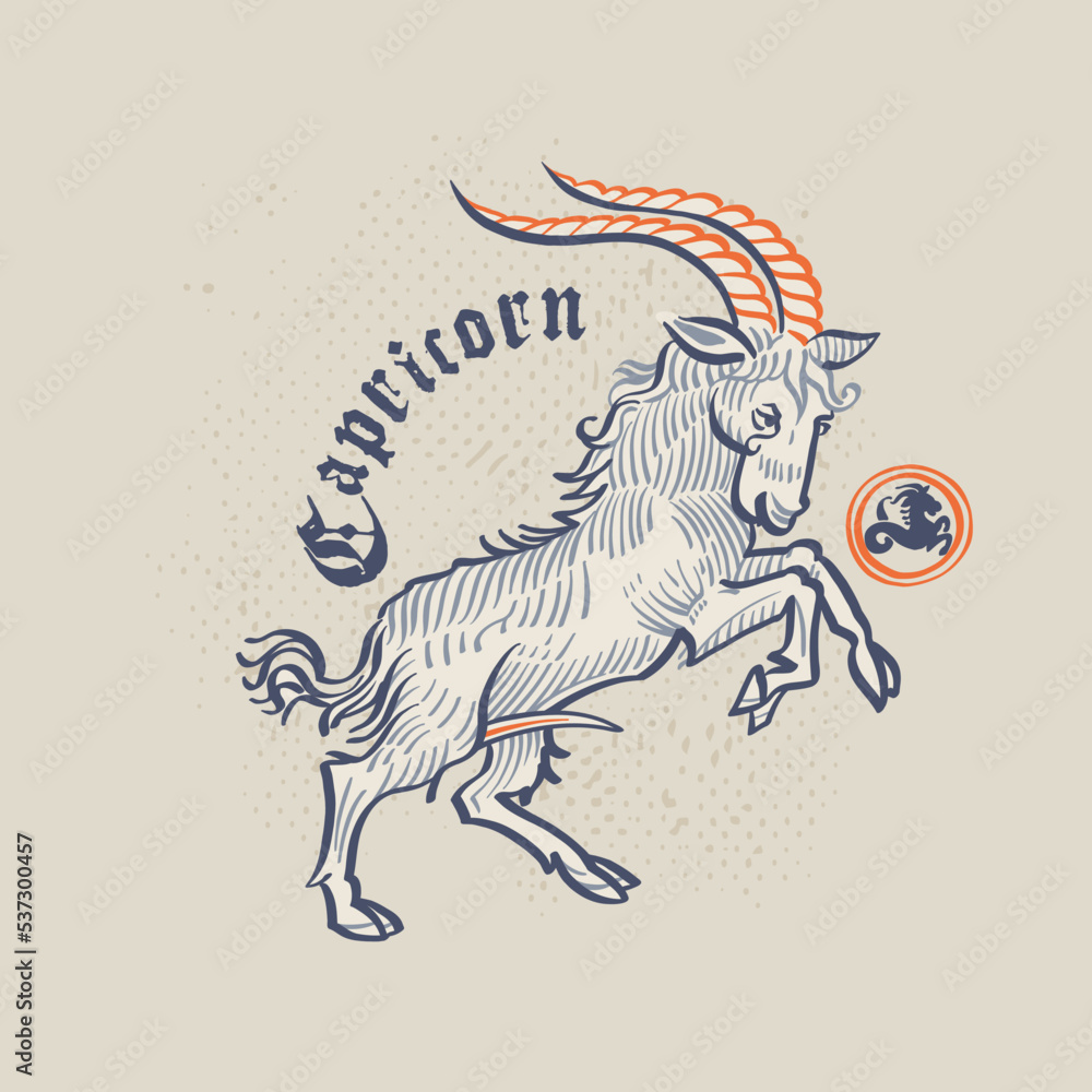 Goat zodiac sign. Astrology illustration in medieval engraving style ...