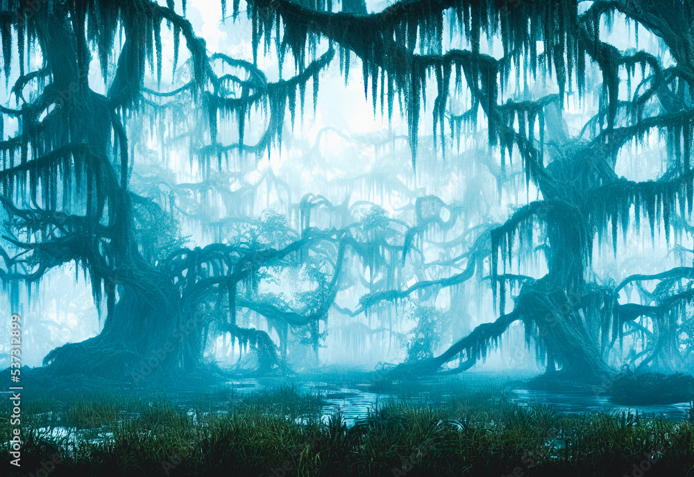 spooky swamp landscape background, digital matte painting Stock ...