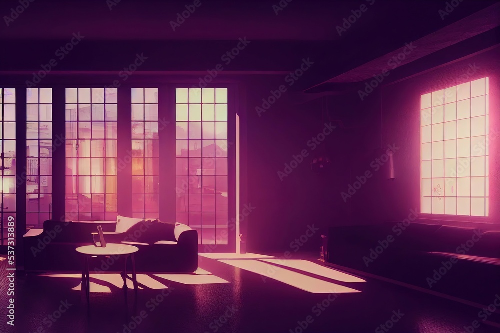 Cyberpunk home interior in anime style, neon backlight contours, View ...