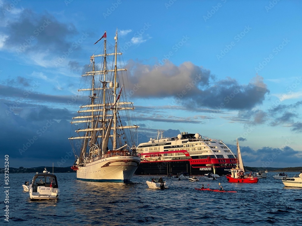 School ship Sorlandet and Hurtigruten during NRK Sommersending in ...
