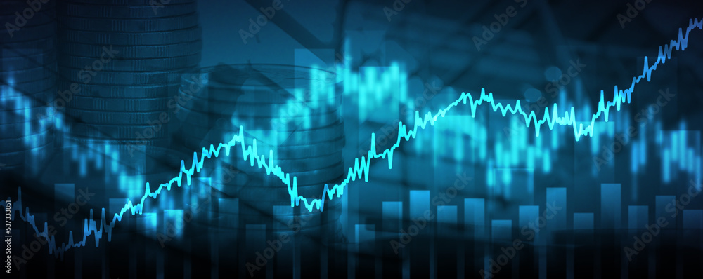 Double exposure of financial chart with line graph in stock market and ...