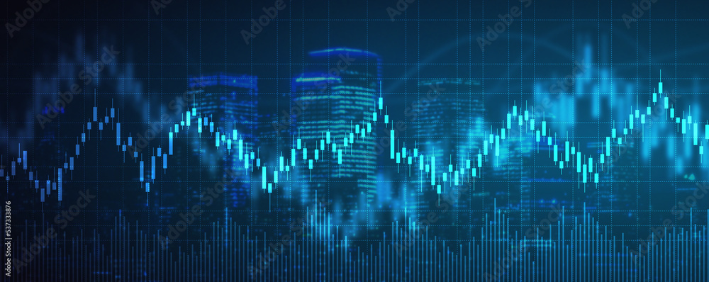 financial chart with line graph in stock market on cityscape background ...