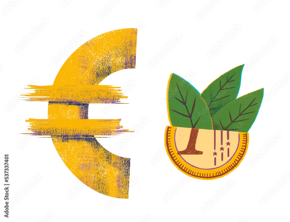 Moneda y símbolo de euro, moneda con hojas verdes brotando ...