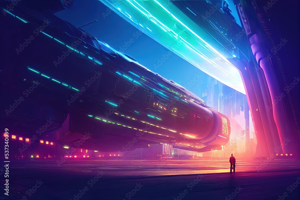 Cyberpunk Futuristic space ship. Retro wave spaceship. Logistics of the ...
