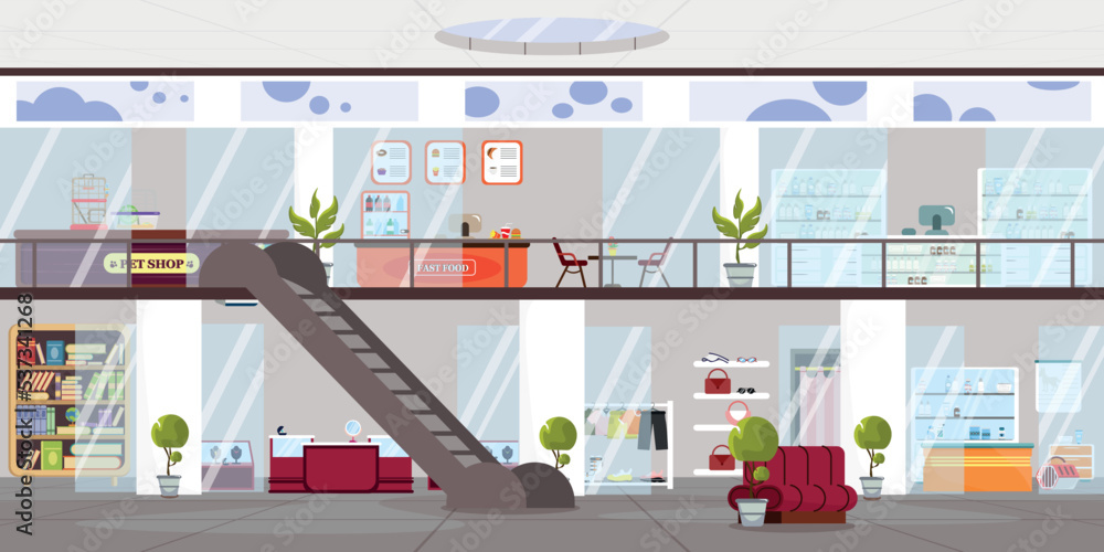 Vector illustration of modern interior shopping center. Cartoon ...
