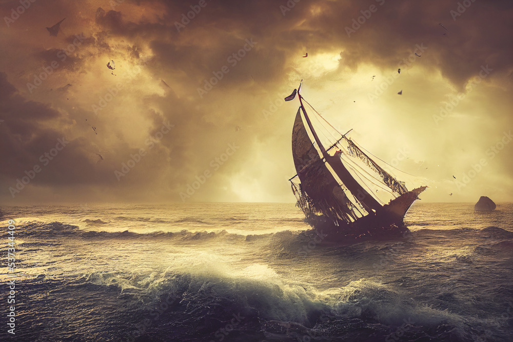 Pirate ship in storm with torn sails. Stock Illustration | Adobe Stock