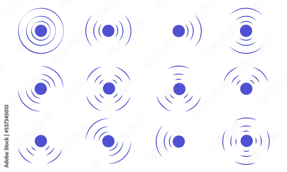 Set echo sonar waves. Blue radar symbols on sea and ultrasonic signal ...
