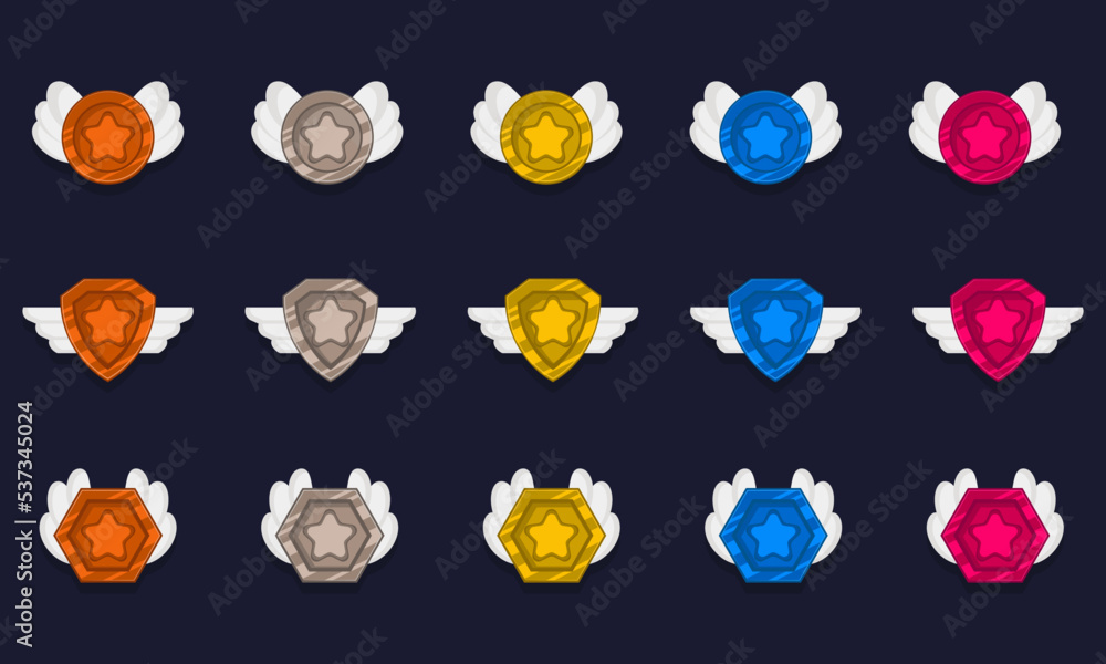 Game achievement badge or rank icon cartoon set. Gold, silver and ...