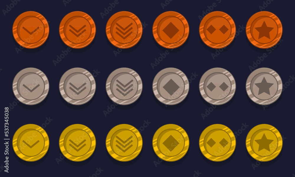 Game achievement badge or rank icon cartoon set. Gold, silver and ...