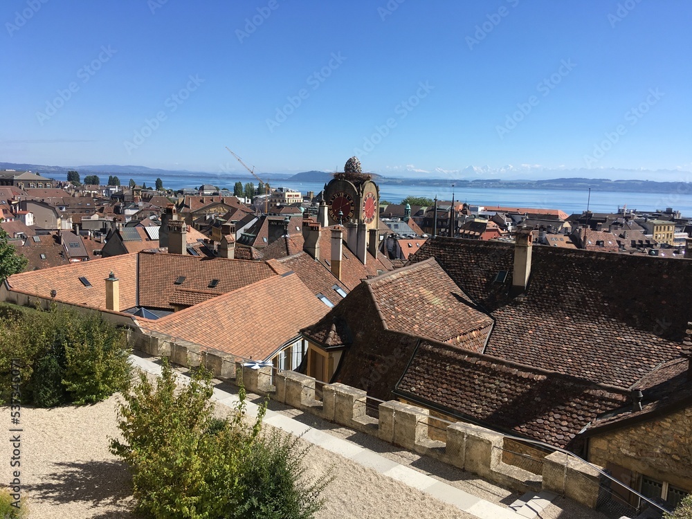 Old buildings, houses in Switzerland Bern rooftops. Old houses red ...