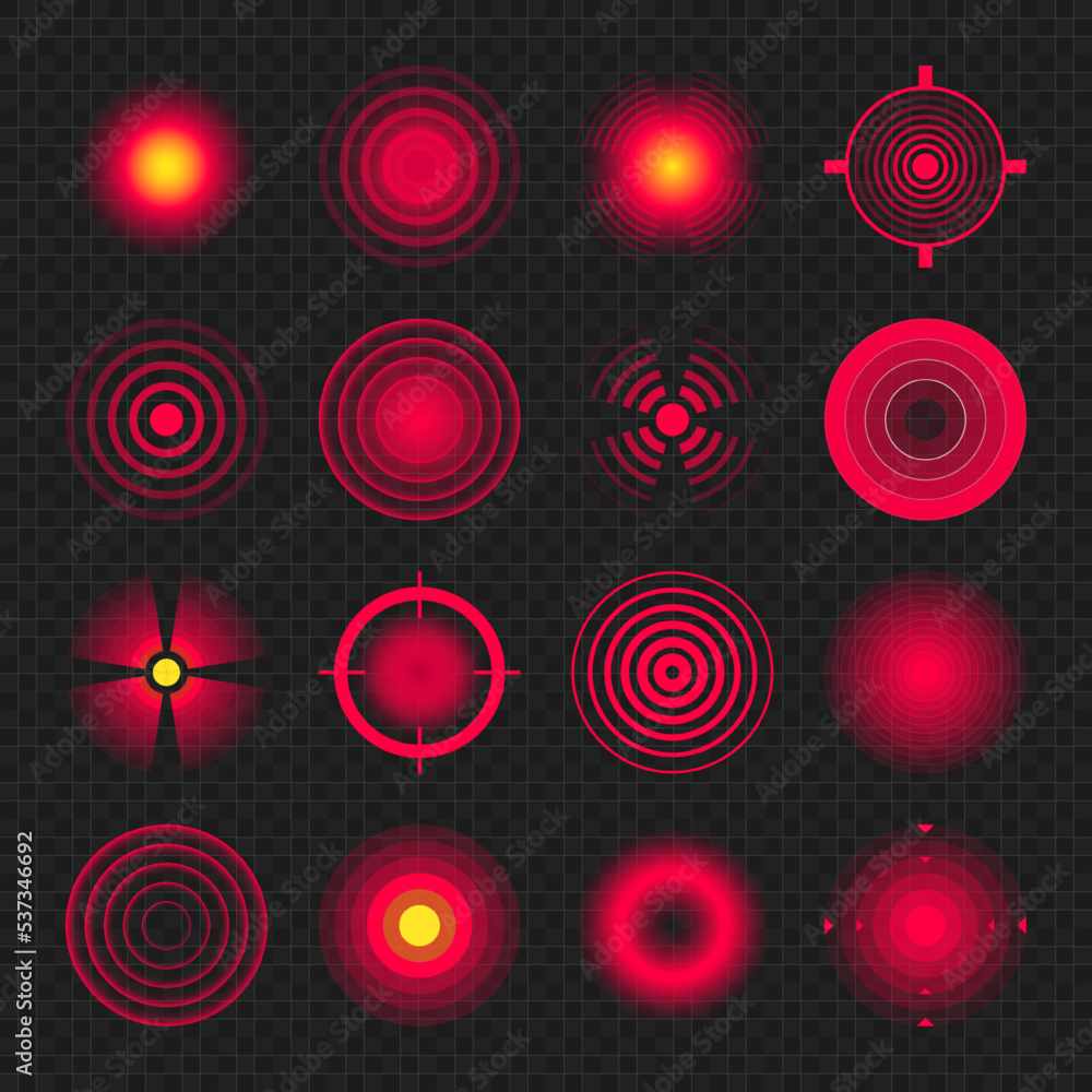 Pain localization marks. Painful area, aching spot. Red circles ...