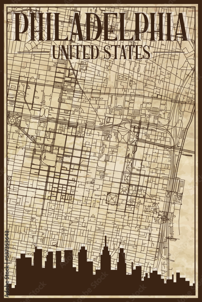 Brown vintage hand-drawn printout streets network map of the downtown ...