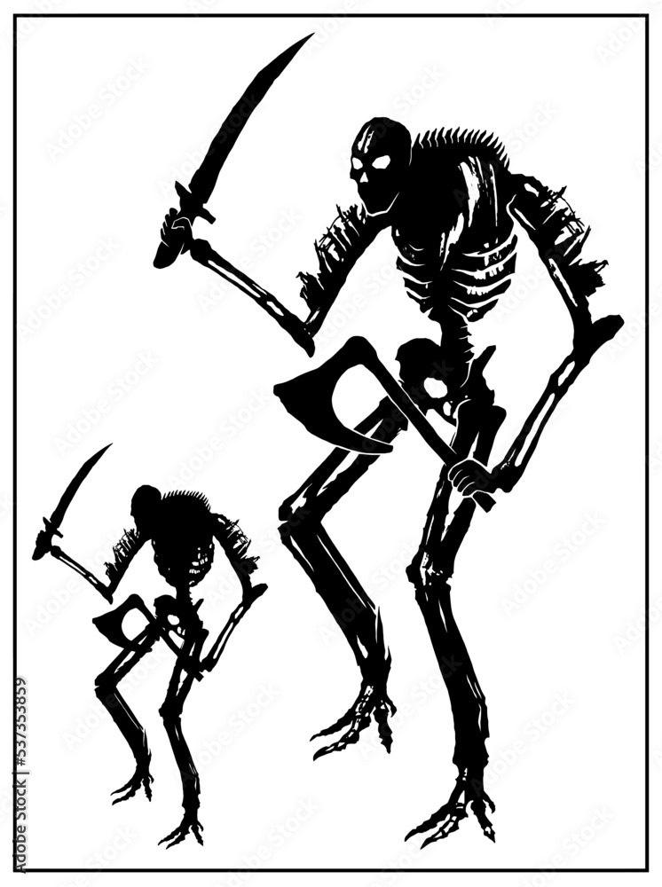 Silhouette a creepy humpbacked skeleton with an ax and a sword in his ...