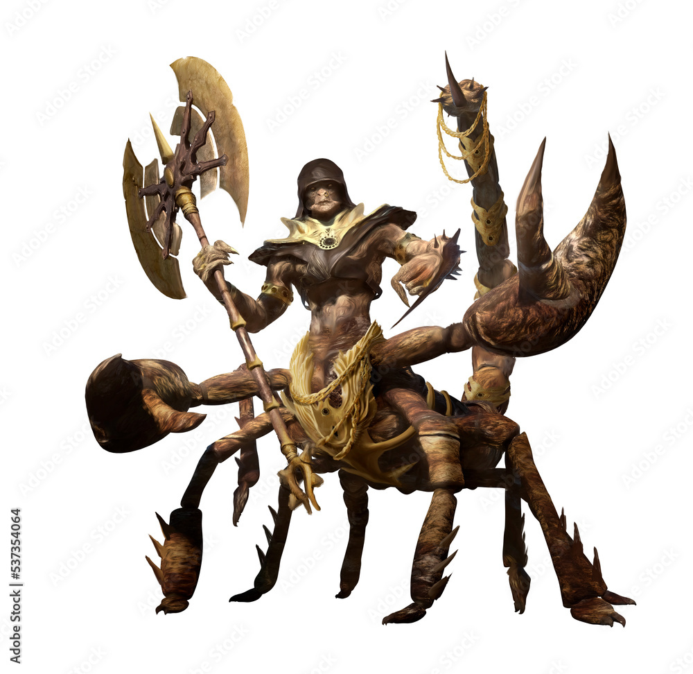 An Arab nomad warrior in golden and leather armor with sharp spikes and ...