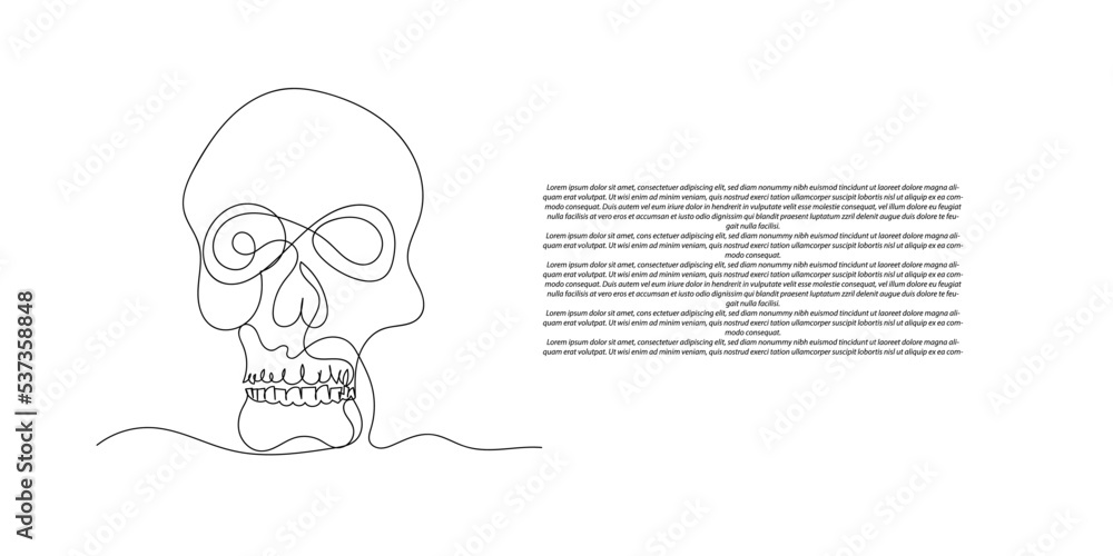 continuous line of the skull head. one line drawing of human skull ...