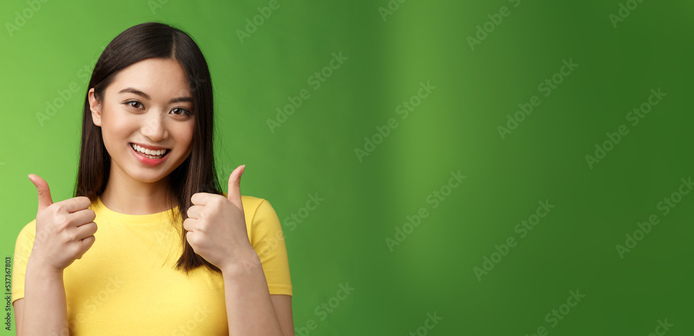 Supportive cute asian girlfriend rooting for lover show thumbs-up ...