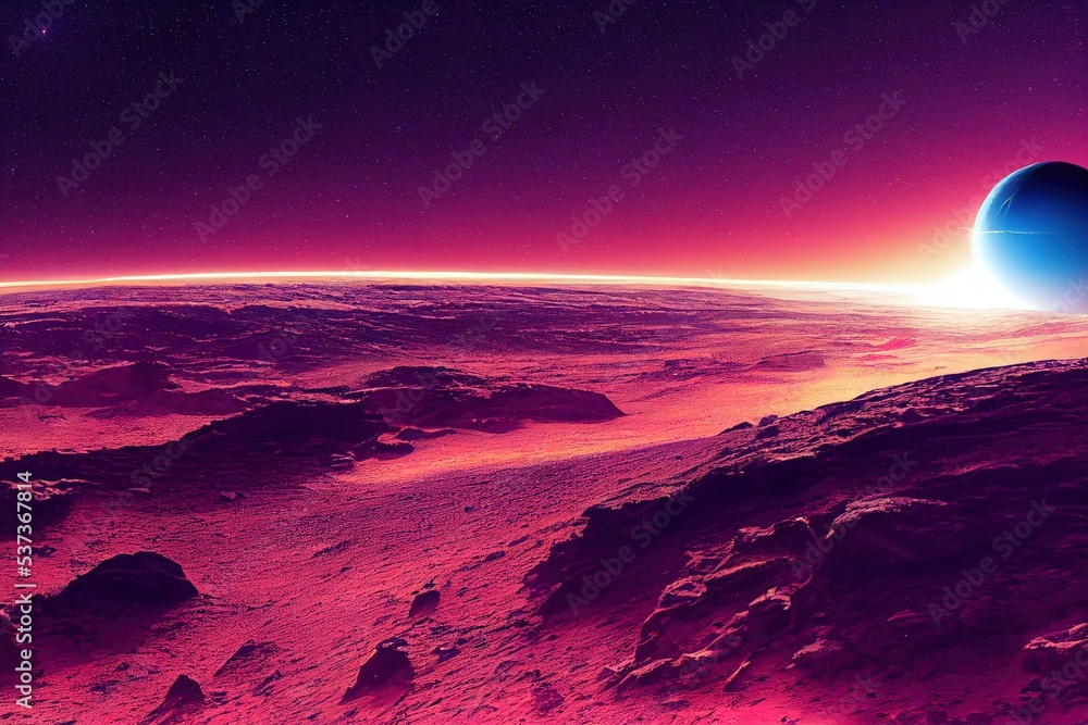 Nature on another planet with a huge planet on the horizon. Mars purple ...
