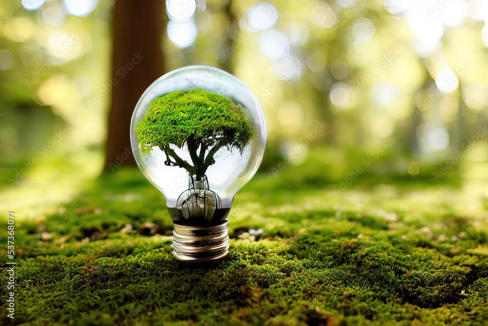 tree inside a light bulb on the forest floor, depth of field Stock ...