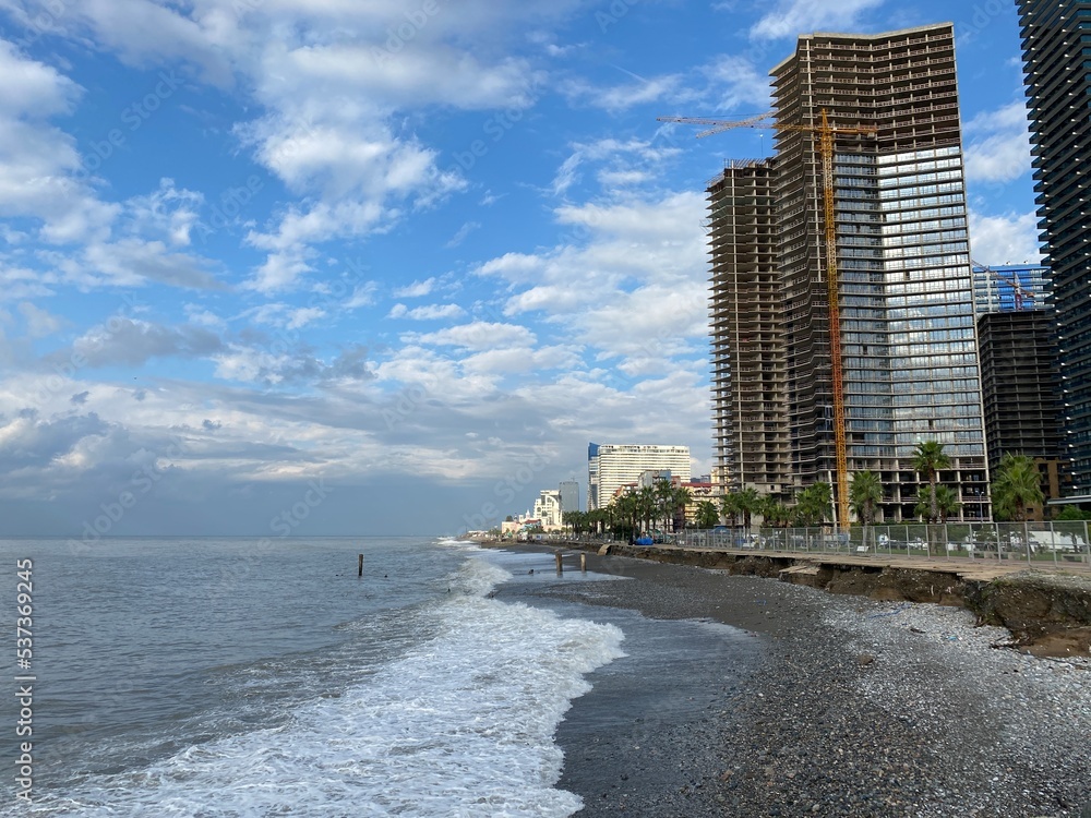 Multi-storey new buildings in Batumi. View from the embankment to the ...
