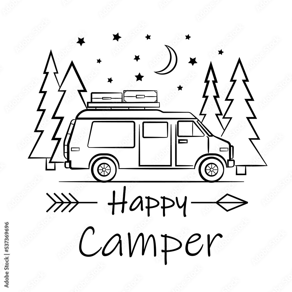 Happy camper logo vector illustration, Summer Travel Trailer, Caravan ...