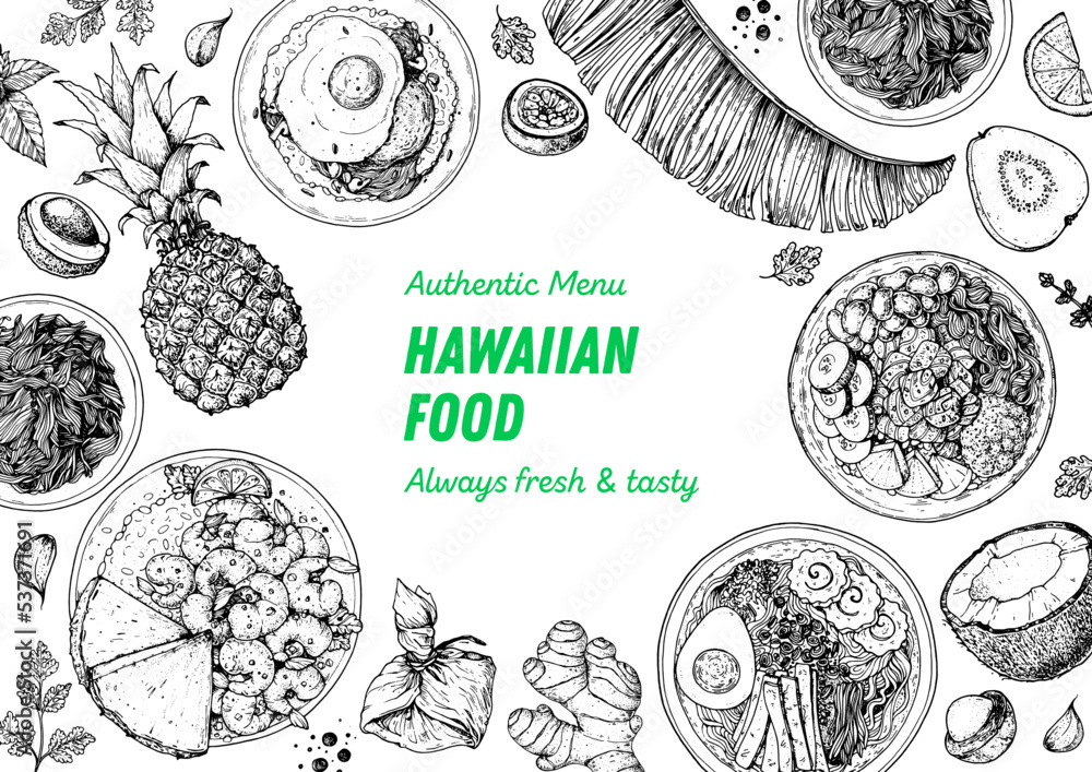 Hawaiian food top view vector illustration. Food menu design template ... Hawaiian food top view vector illustration. Food menu design template ...