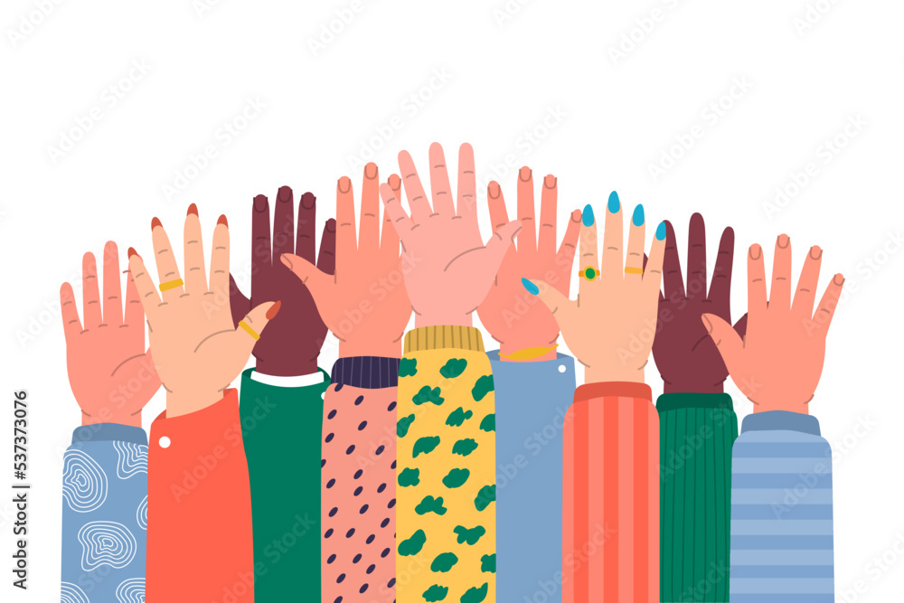 Raised hands. Human hands different skin colors. Human arms with ...
