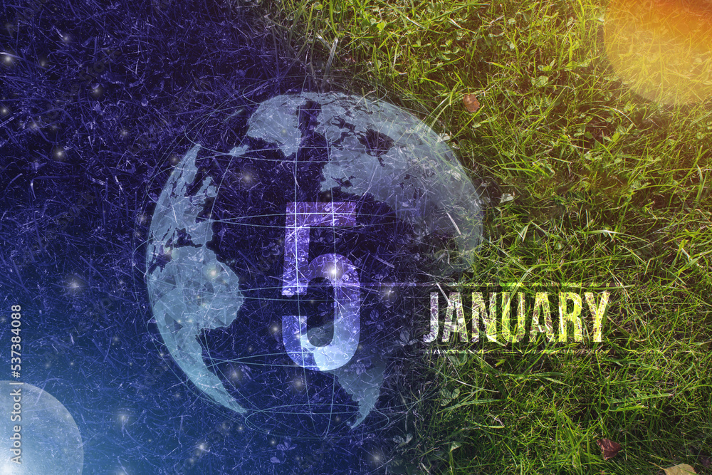 January 5th. Day 5 of month, Calendar date. Day to night background ...