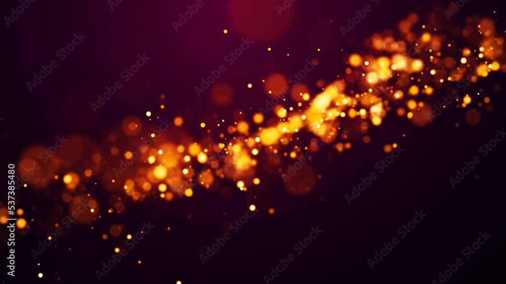Golden red glow particles flicker and float in viscous liquid with ...