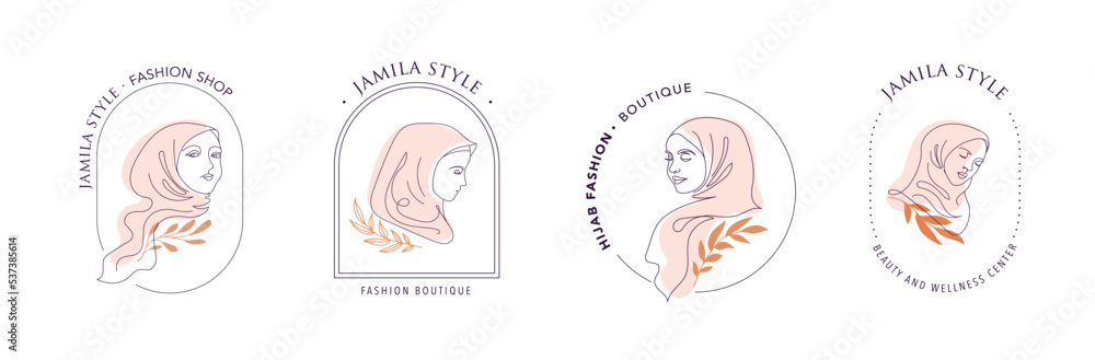 Women in hijab collection, vector logo and branding design templates in ...