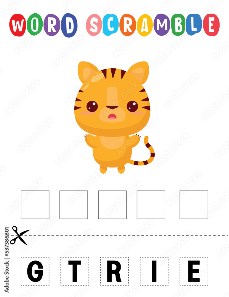 Tiger Word scramble . Educational game for kids. English language ...