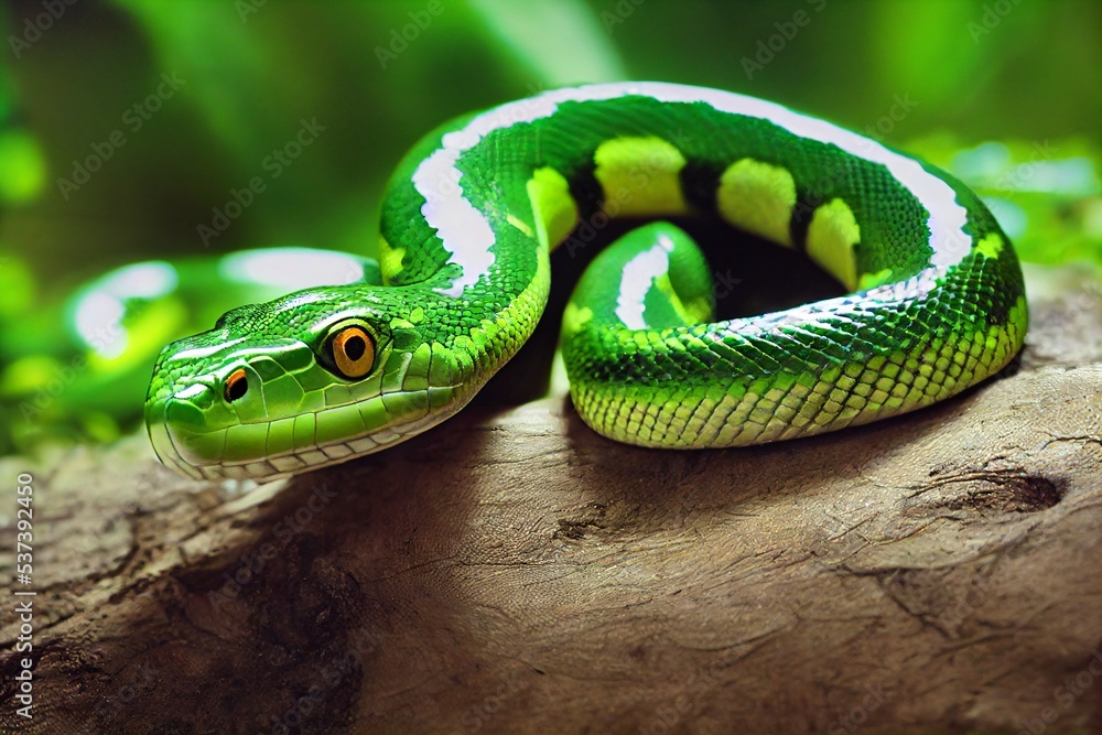 jungle reptilian, green rainforest snake on a tree, generative ai Stock ...