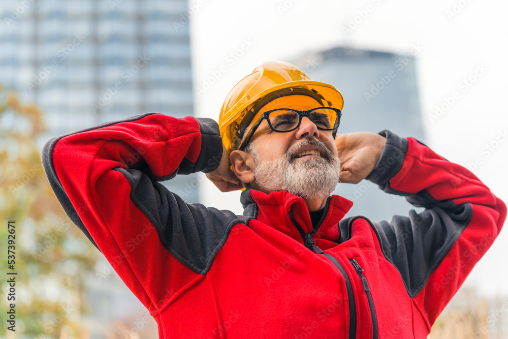 Male caucasian elderly construction worker with gray facial hair ...