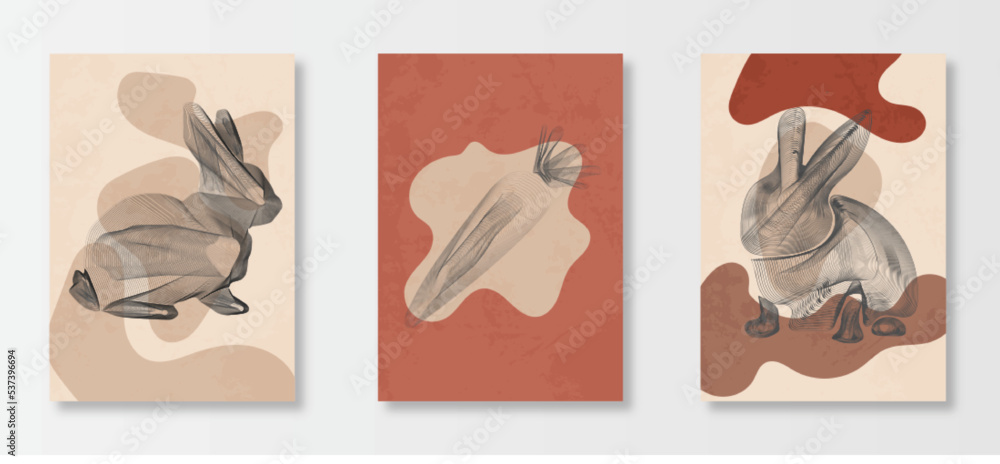 Set of rabbit vector posters. Line art illustrations . Background ...