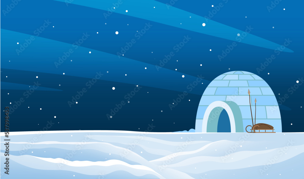 Igloo made from ice bricks in snowy winter landscape. Housing for ...