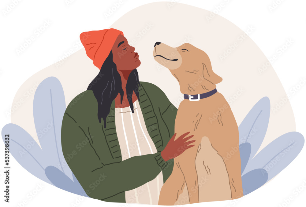 Female pet owner plays with dog. Caring four-footed friend. Happy lady ...