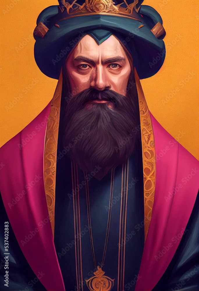 Realistic AI generated digital art of a wise fantasy king with a long ...
