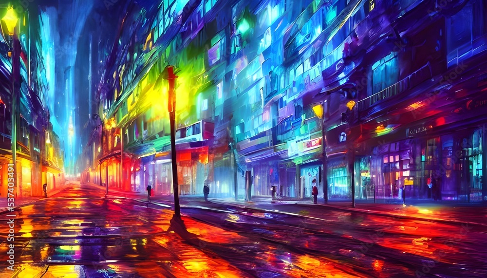 The city street is calm and the colors are bright. The lights shining ...