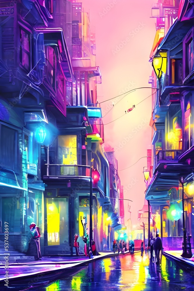 It is a calm night in the city and the streetlights are shining ...