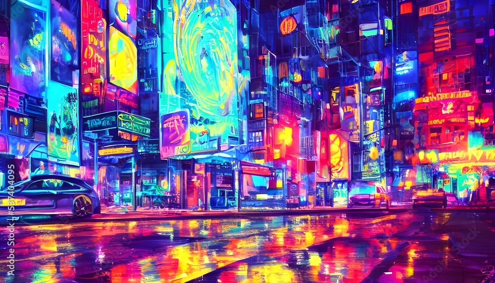 The city street is alive with color and light. Neon signs flash and ...