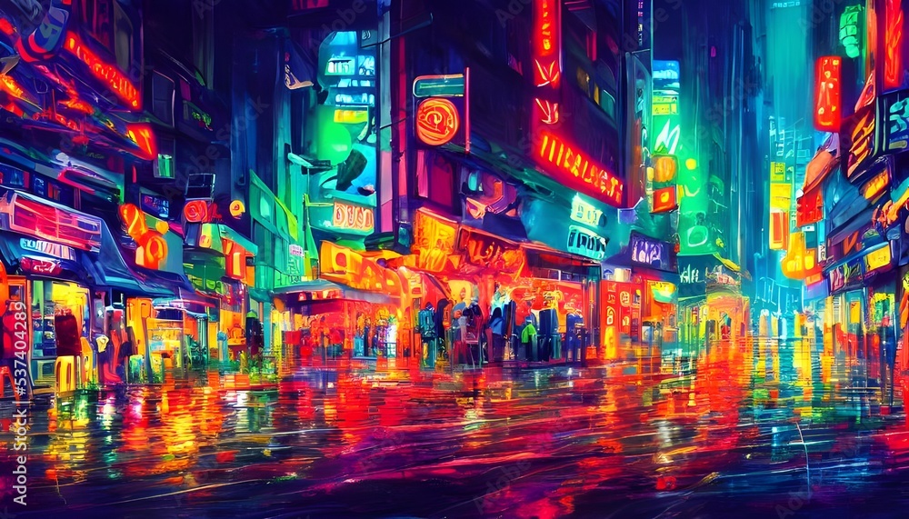 The city street is alive with color at night. neons signs in every hue ...