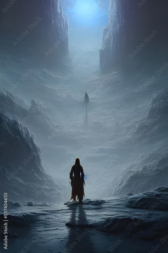 There is a lone figure in an alien landscape. They are standing on a ...