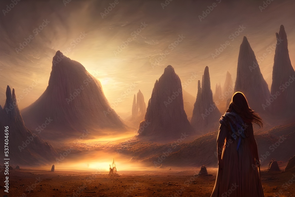 A lone figure stands on an alien landscape, looking out into the ...