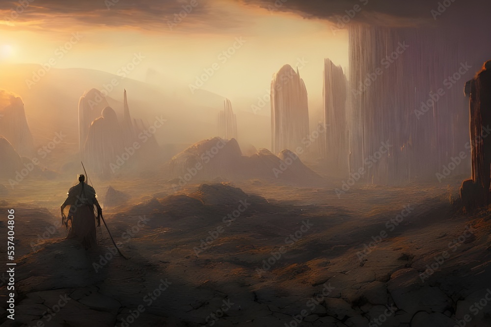 The lone figure stands on a desolate landscape, gazing up at the stars ...