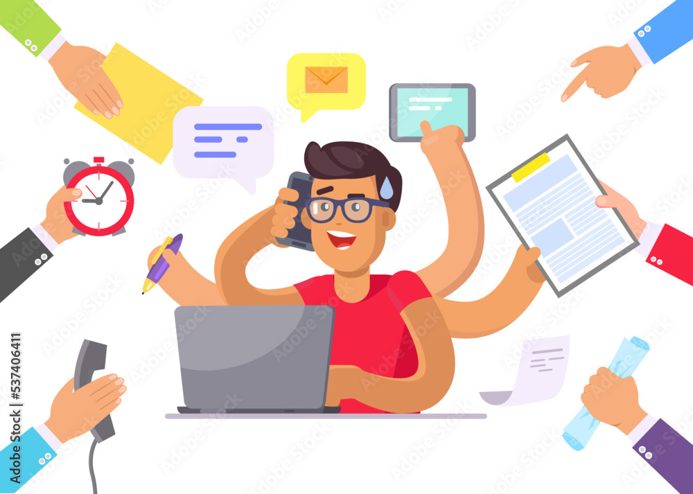 Man doing simultaneously many tasks. Male employee trying to deal with ...