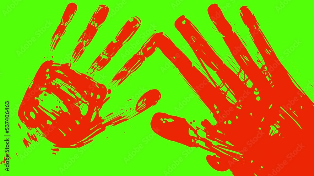 Bloody palms leave stains on the green screen. Horror effect with ...